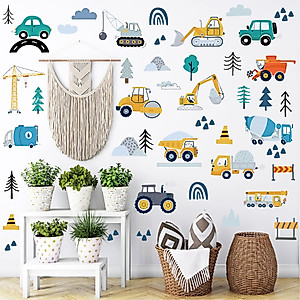 Construction Vehicles Wall Stickers - 6 Sheets 90 Pcs Construction Themed Trucks Excavator Crane Bohemian Style Wall Decals Peel and Stick Wall Decors for Kids Baby Bedroom Boys Room Nursery Playroom