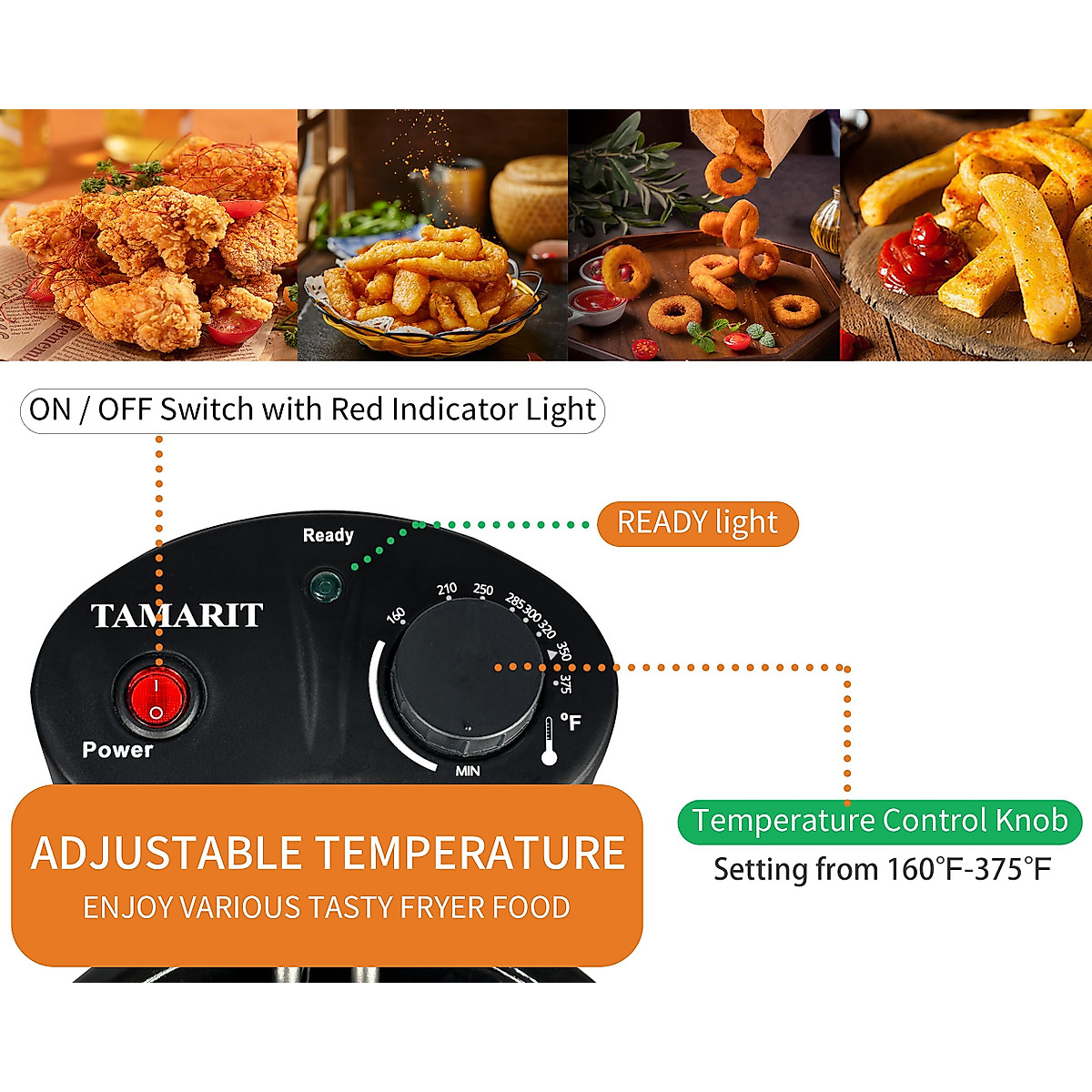 TAMARIT 3.5L Deep Fryer with Basket for Home Use,1800W Electric Fryer with Temperature Control, View Window & Filter Lid, Oval Shape, Ideal for Fries, Fish and Chicken, Stainless steel and Black