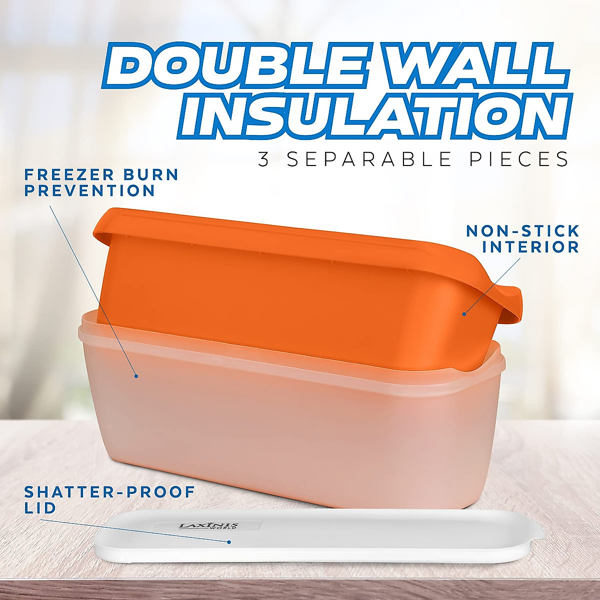 Laxinis World Ice Cream Containers – Pack of 2 Ice Cream Plastic Containers with lids, 1.5 Quarts, Reusable, with Non-slip Base (Orange)