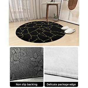 Black Gold Fluffy Round Area Rug Carpets 4ft, Plush Shaggy Carpet Soft Circular Rugs, Non-Slip Fuzzy Accent Floor Mat for Living Room Bedroom Nursery Home Decor Modern Geometric Abstract Art