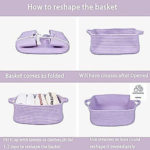 Woven Cotton Rope Storage Basket with Handles for Organizing Shelves Closet Small Cat Dog Pet Toy Basket Box Bin Decorative Rectangle Baby Nursery Basket Gift Basket Empty(Light Purple)
