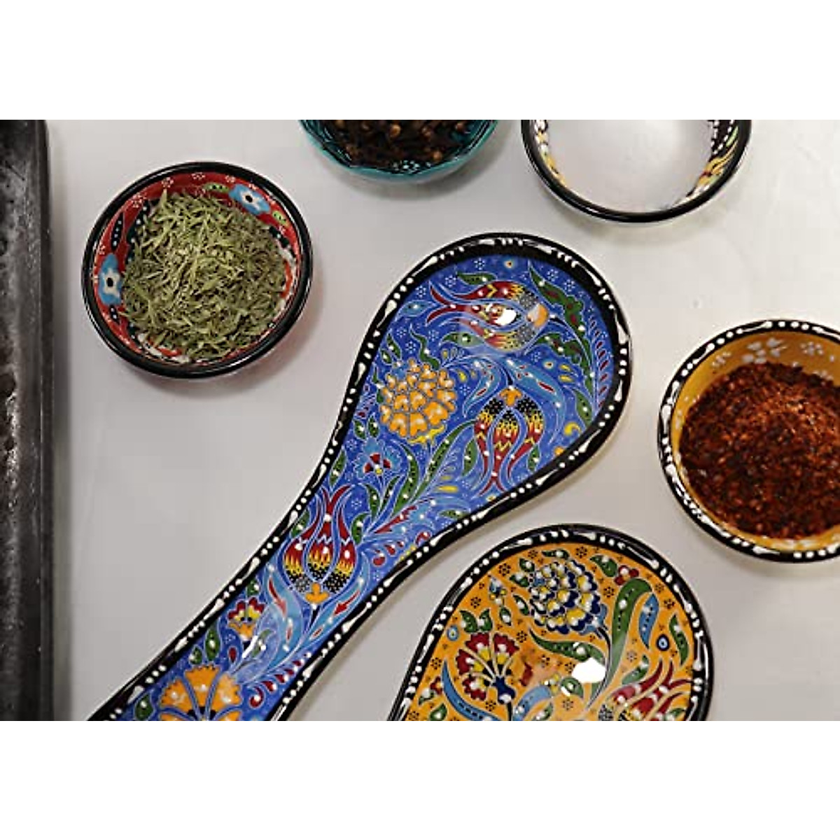 Canarels Ceramic Spoon Rest for Kitchen Counter, Set of 2 – Handcrafted Kitchen Utensil Holder – Modern Farmhouse Kitchen Decor and Accessories, Spoon Holder for Stove Top (2 Pcs- Blue&Orange)