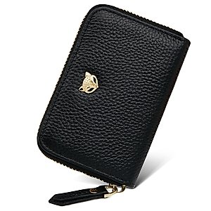 FOXLOVER Small Genuine Leather Credit Card Holders for Women, RFID Blocking Ladies Mini Card Case Women's Card Wallets with Gift Box Packing (Black)