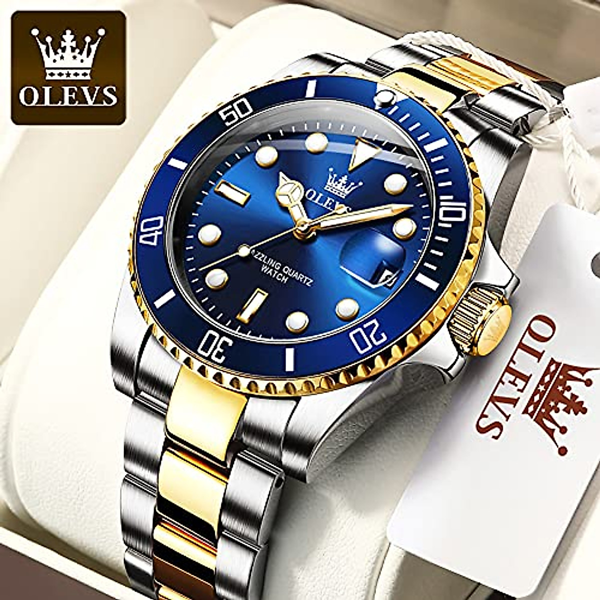 OLEVS Gold Stainless Steel Watch for Men Under 100, Blue,Waterproof, Big Face Dress Watches Men Date,Relojes De Hombre,Luminous Man Wristwatches, Male Diver Watch