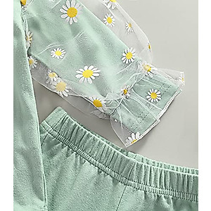 Baby Girls Bell Bottoms 3Pcs Daisy Outfits Mesh Patchwork Playsuit Flared Pants Headband (Green, 6-12 Months)