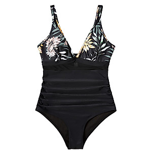 SUUKSESS Women Slimming Tummy Control One Piece Swimsuits Sexy Mesh High Waisted Monokini Bathing Suits (Black-Pink Floral, M)