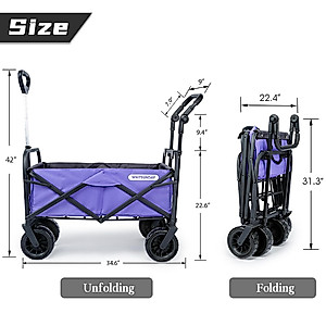 WHITSUNDAY Collapsible Folding Garden Outdoor Park Utility Wagon Picnic Camping Cart with Bearing and Brake 8" All Terrain Wheels with Push Bar (Purple)