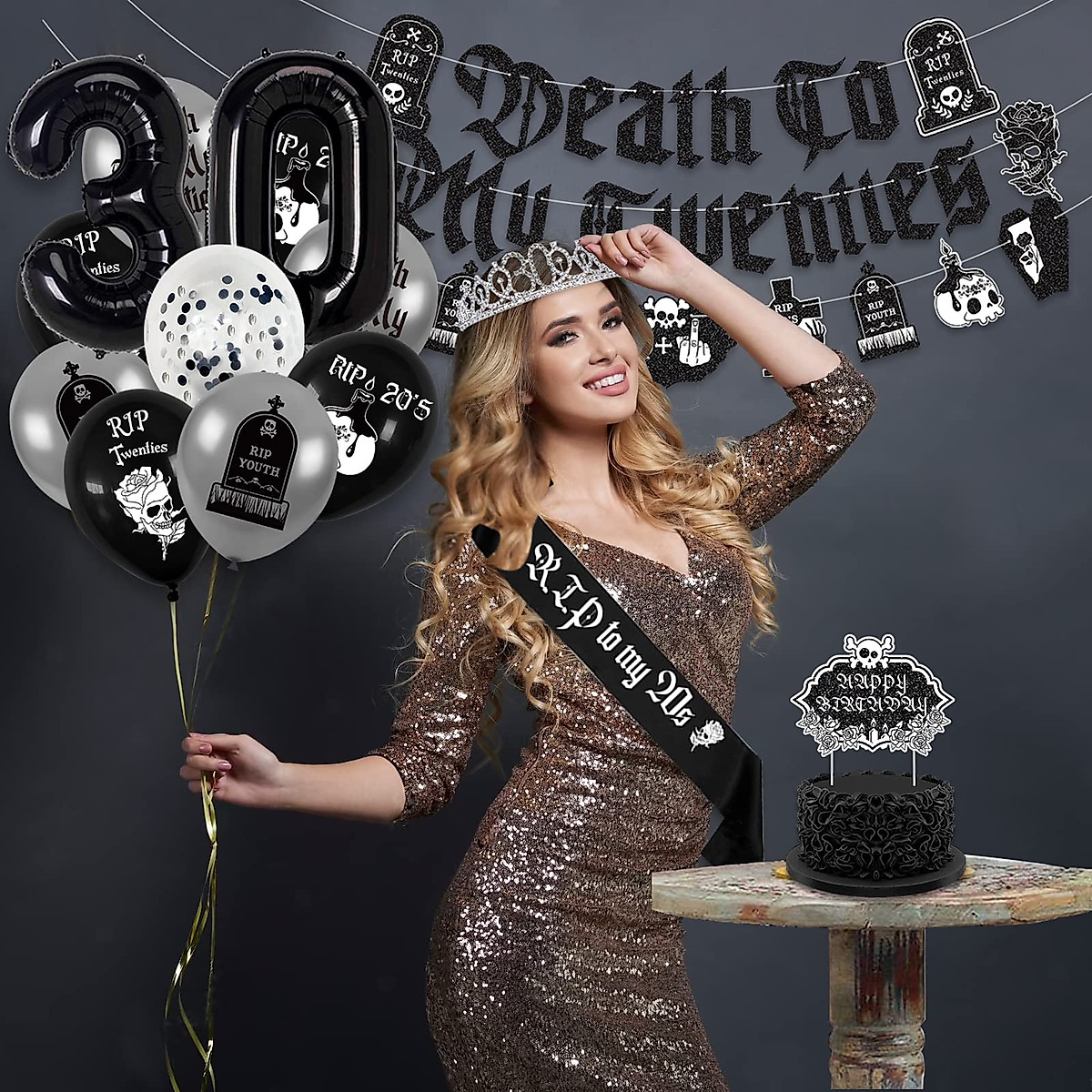 ADLKGG 30th Birthday Decorations for Women or Men, Death to My 20s Decorations with Death to My Twenties Banner, Rip to My 20s Sash, Cake Toppers for Funny Thirty Birthday Party Supplies (Black)