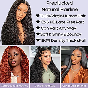 Poghes 13x6 Water Wave Lace Front Wigs Human Hair 180% Density HD Lace Front Wigs Human Hair Pre Plucked Wigs For Black Women Curly Wig Human Hair Human Hair Lace Front Wigs with Baby Hair (24 Inch)
