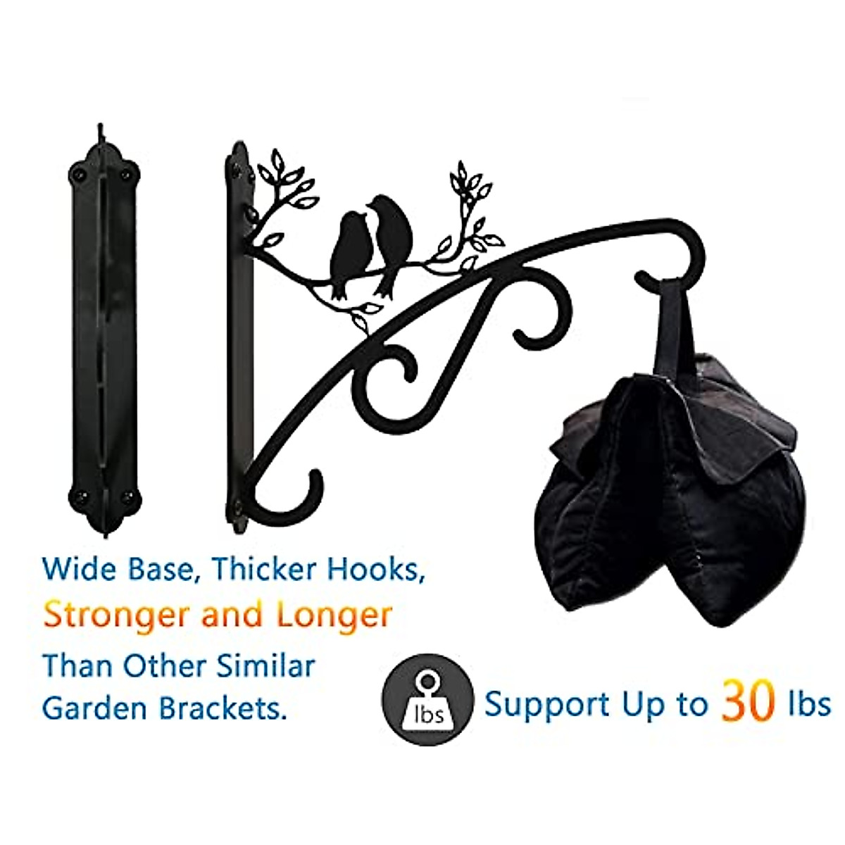 Heavy Duty Outdoor Hanging Plants Brackets, Plant Hangers with Wall Mounted Solid Steel Indoor Hooks, Support Up to 30 lbs for Basket Lantern/Light/Bird Feeder, Pack of 2 Garden Gifts Black (10 inch)