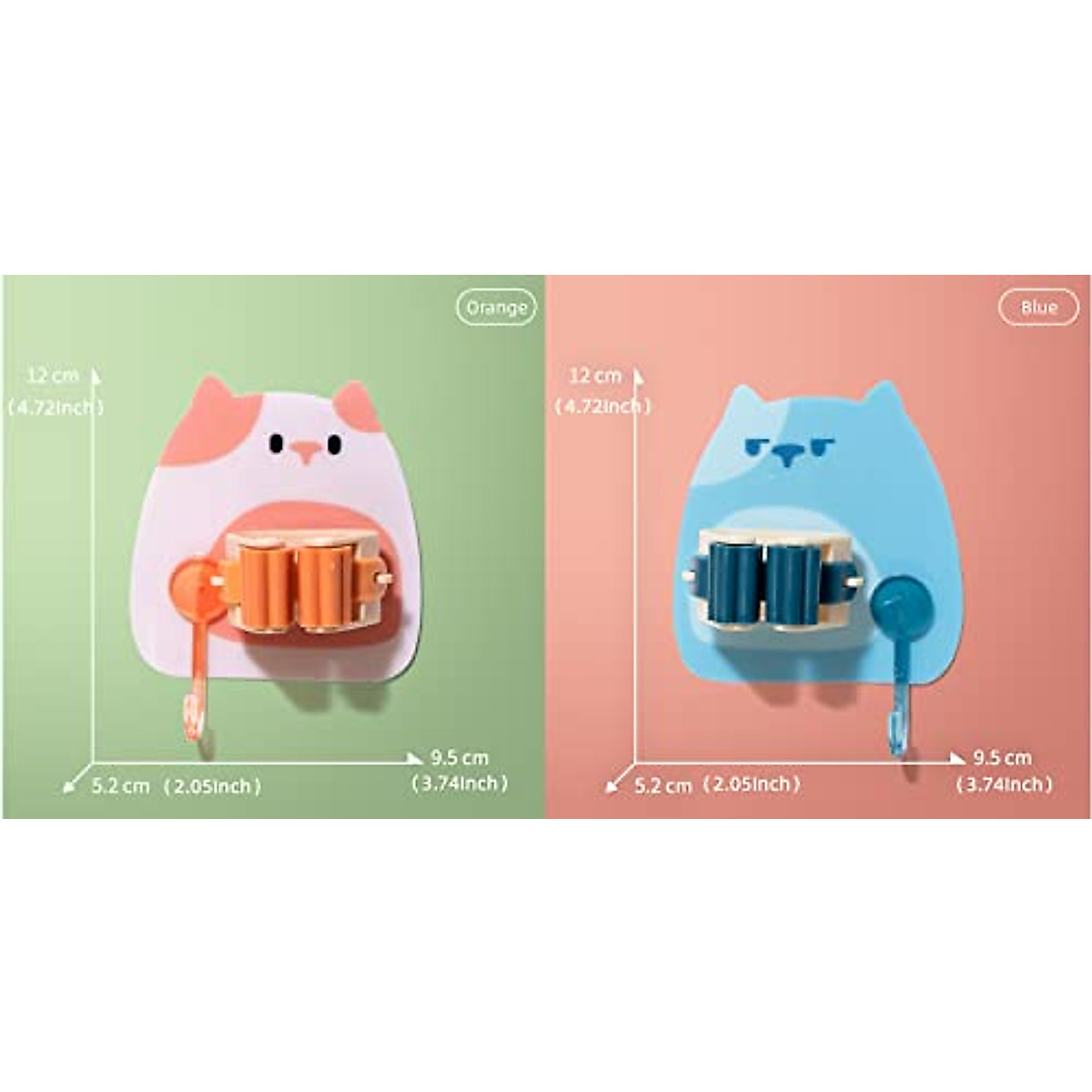 2- Pack Mop and Broom Holder Wall Mount with 1 Hook, Self Adhesive No Drilling Mop Hanger , Tool Organizer for Garage Orange & Blue CATH Cat Mop and Broom Holder