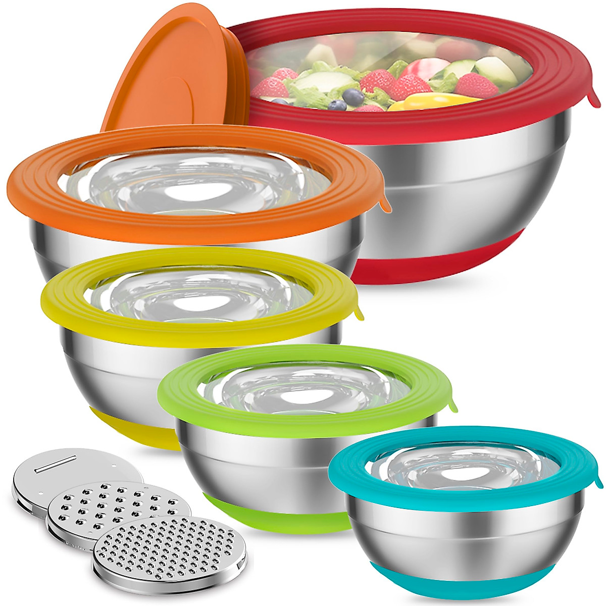 Humiwing Mixing Bowls with Lid Set, Mixing Bowls for Kitchen with Lids, Nesting Bowls with 3 Grater Attachments & Non-Slip Bottoms for Mixing, Serving, Baking, Prepping