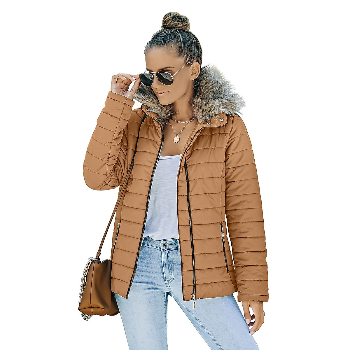 Vetinee Women Casual Faux Fur Lapel Zip Pockets Quilted Parka Jacket Puffer Coat Almond Brown X-Large (Fits US 16-US 18)
