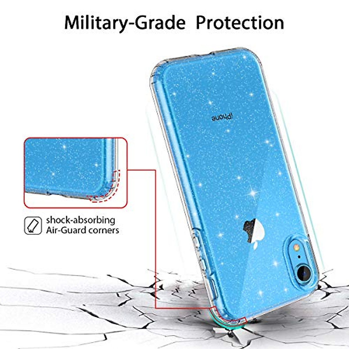 Lamcase for iPhone XR Case, Crystal Clear Bling Sparkly Glitter Shiny Soft Flexible TPU Slim Fit Drop Protection Rugged Shockproof Cover Case for Apple iPhone XR 6.1 inch (2018), Clear Glitter