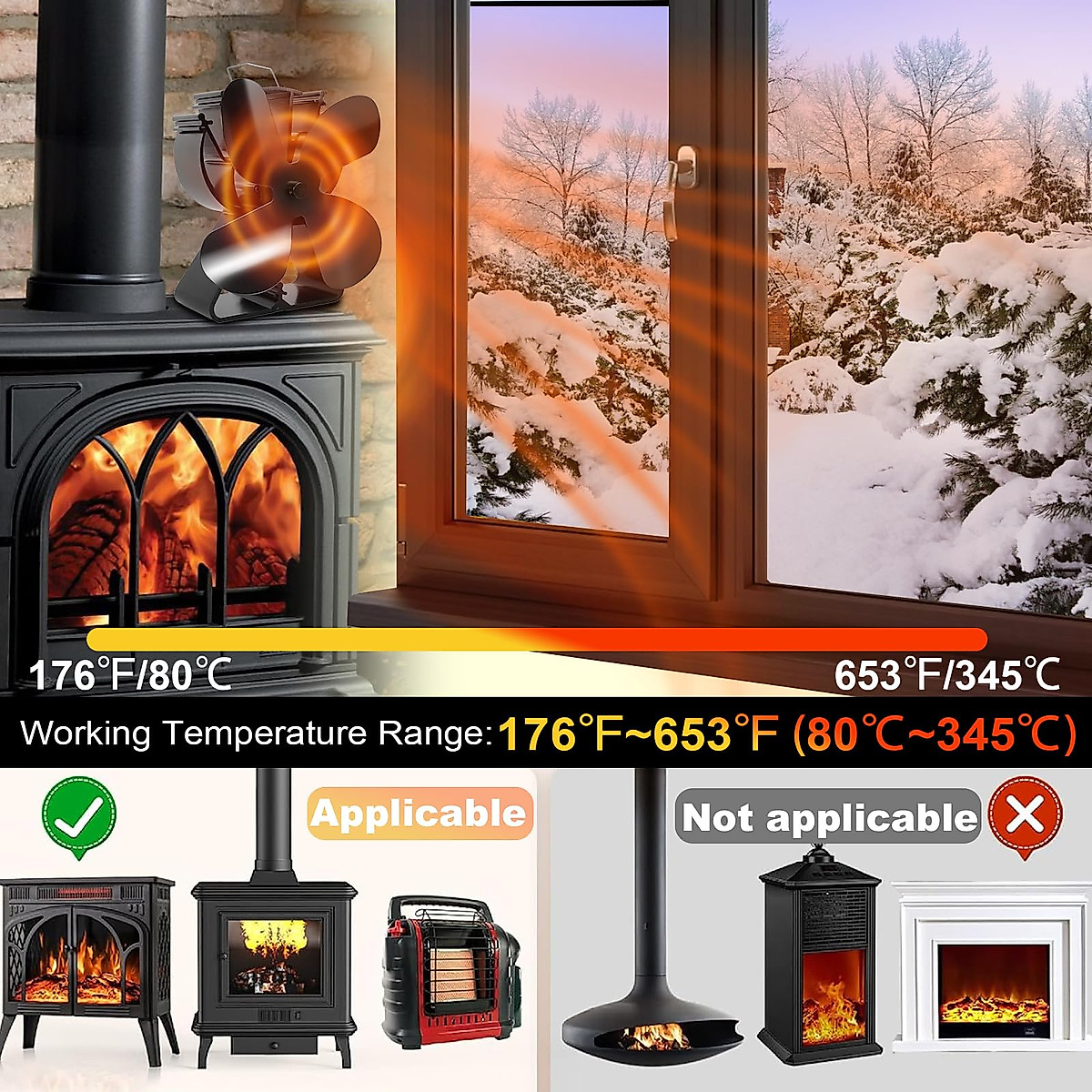 VODA 4-Blade Heat Powered Stove Fan for Wood / Log Burner/Fireplace increases 80% more warm air than 2 blade fan