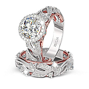 Jeulia 4 Carat Leaf Rings for Women 925 Sterling Silver 18 K Rose Gold Plated Round Cut Engagement Ring Set White Diamond Halo Cubic Zirconia Wedding band CZ Solitaire Anniversary Promise Rings (7)