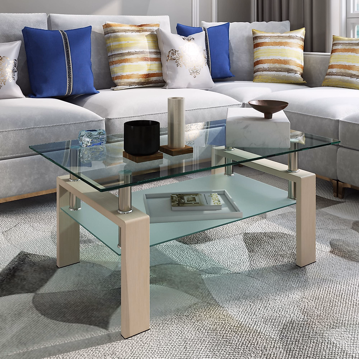POULEII Rectangle Oak Glass Coffee Table,Clear Coffee Table,Modern Side Center Tables for Living Room.