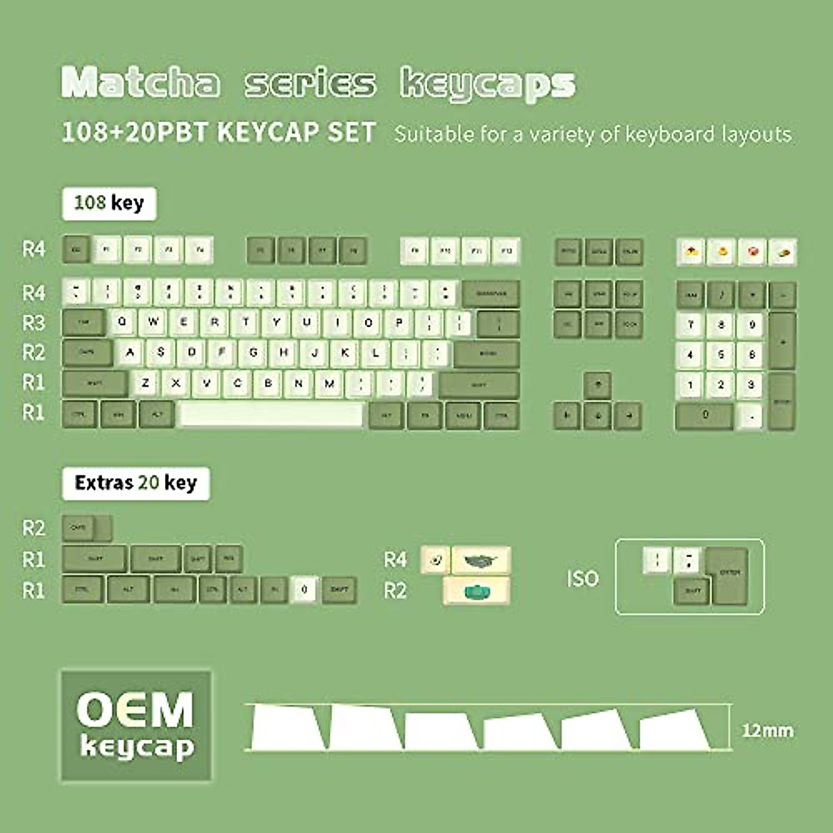 IDOBAO Matcha Keycaps Green PBT Keycaps Dye Sublimation OEM Profile Full Layout 128 Keys for Cherry Gateron Kailh Switches Suits gh61/rk61/akko Mechanical Keyboard English Korean Russian(English)