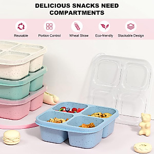 Waritili 4 Pack Snack Containers - Stackable Bento Boxes with 4 Compartments, Reusable Divided Food Containers for Party, Work, Travel, BPA FREE