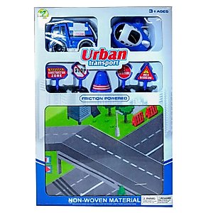 Kidplokio 8pc City Transport Playmat Set Friction Power Police Cars Boys 3 and Up