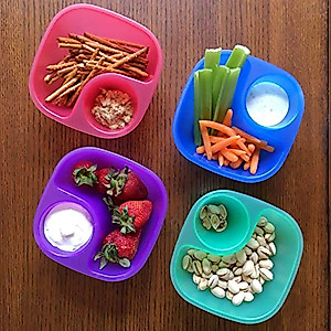 Rolling Sands Reusable Snack and Dip Bowls, 5 Pack, USA Made, Dishwasher and Microwave Safe Personal Size Plastic Divider Bowls, BPA-Free, Two Compartments to Hold Dips, Snacks and Treats