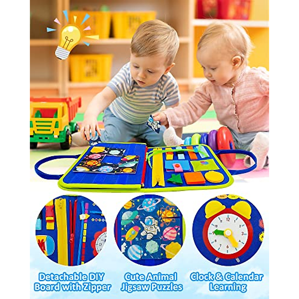 Exorany Busy Board Montessori Toys for 1 2 3 4 Year Old Boys & Girls Gifts, Sensory Toys for Toddlers 1-3, Autism Educational Travel Toys, Preschool Activities for Learning Fine Motor Skills (Blue)