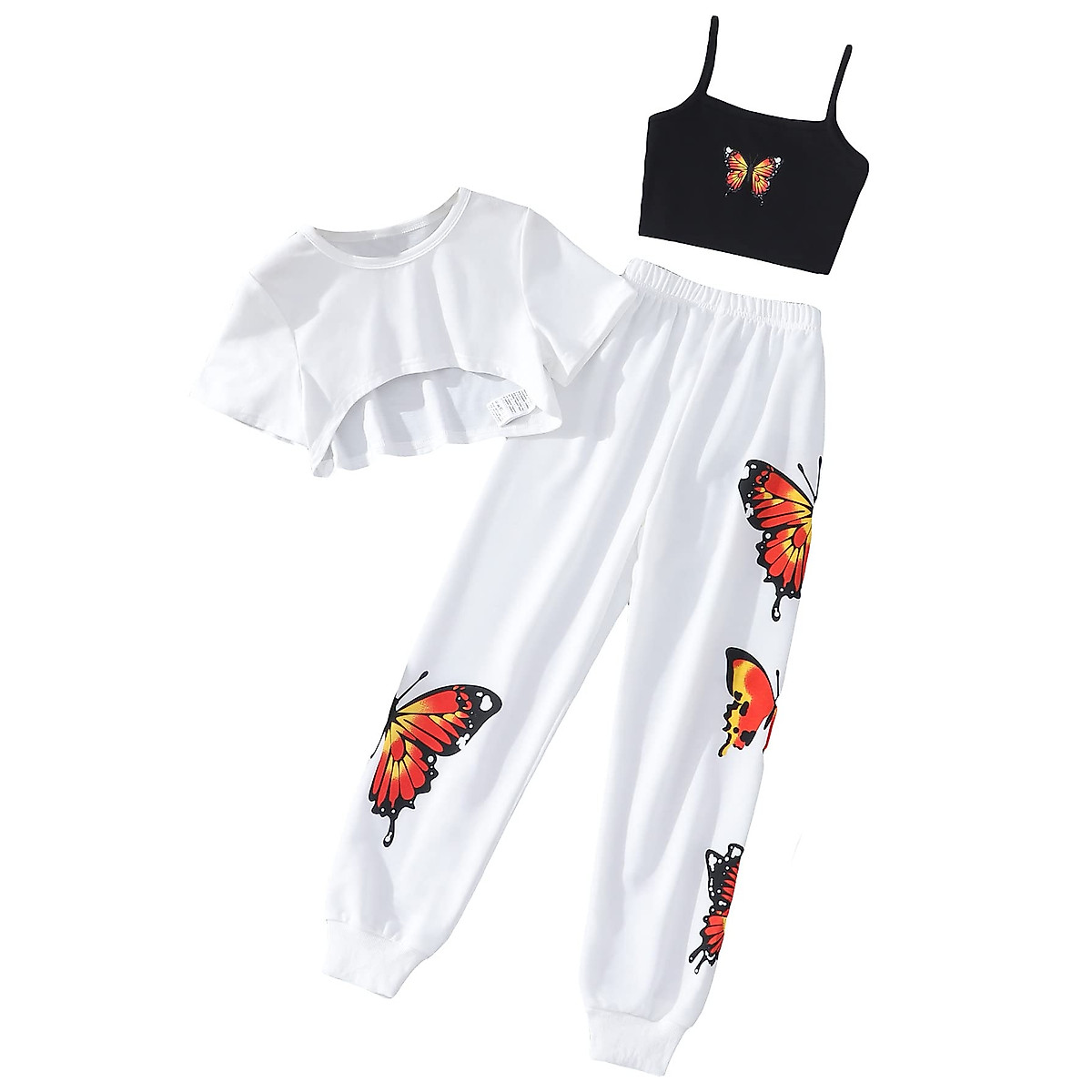 SOLY HUX Girl's Butterfly Print Cami Tops & High Low Hem Short Sleeve T Shirt with Sweatpants 3 Piece White Butterfly 10Y