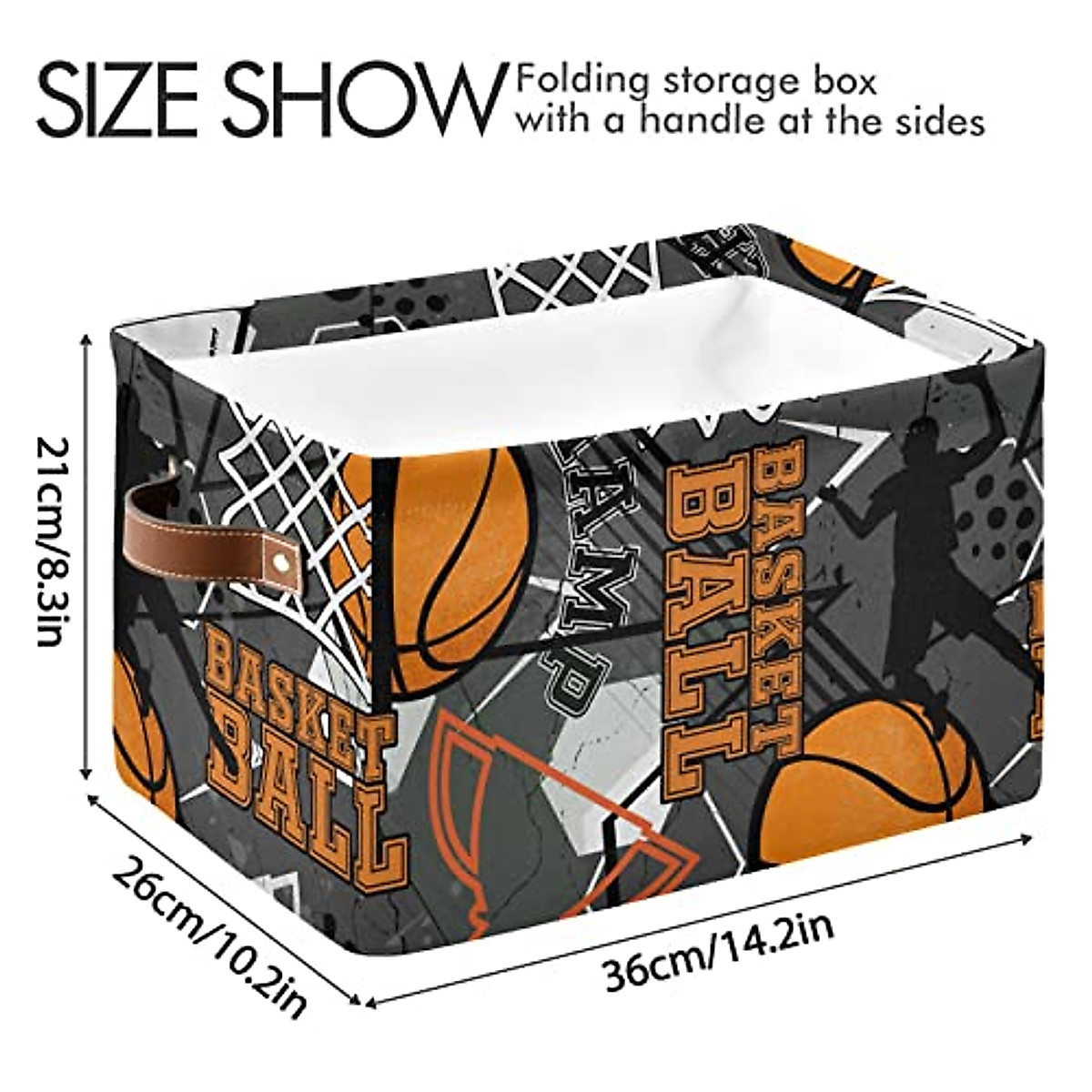 susiyo Grunge Basketball Modern Open Storage Bins 1 Pack, Large Canvas Storage Baskets with PU Handles Collapsible Storage Box Organizers for Home Closet Nursery Toys Dorm Office Laundry