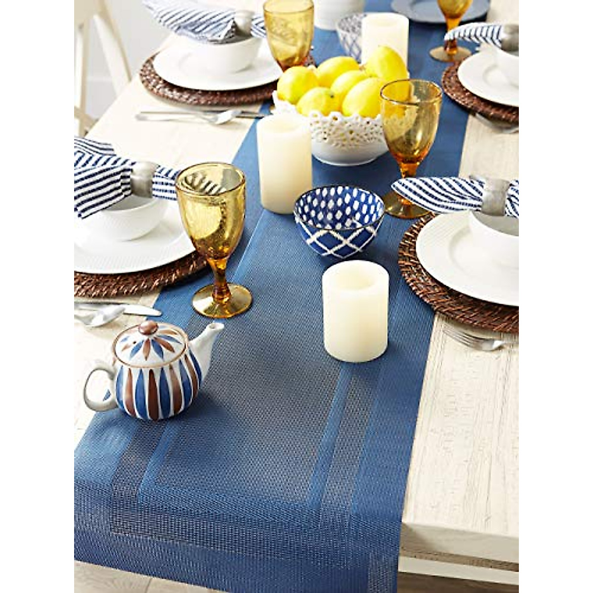 DII PVC Tabletop Collection Woven Indoor/Outdoor, Table Runner, 14x72, Nautical Blue