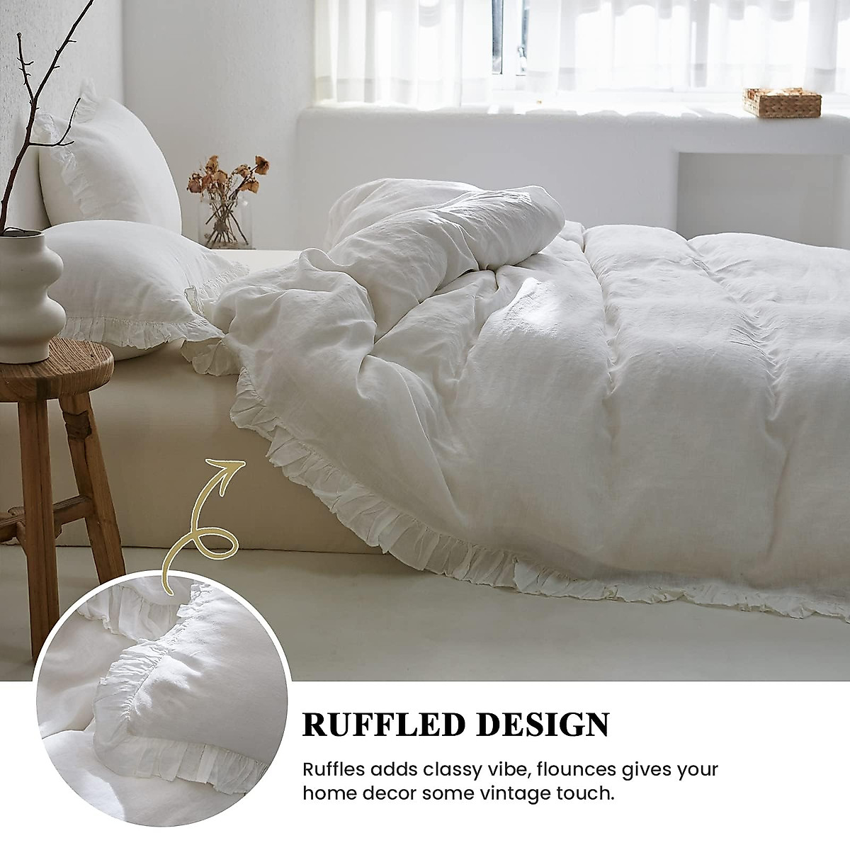 Simple&Opulence 100% Linen Duvet Cover Set, 3 PCS Natural French Flax White Ruffle Duvet Cover King Size, Breathable Comfy Linen Bedding Comforter Cover with 2 Pillowcases (White, 104"X92")