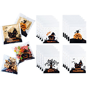 160 Pcs Halloween Cellophane Clear Treat Bags Self Adhesive Candy & Cookie Bags for Halloween Party Favors Supplies
