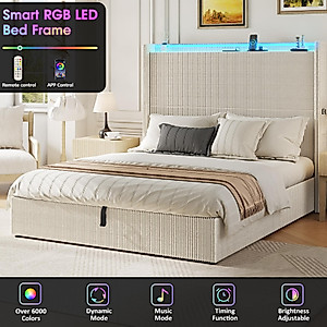 Fameill Queen Size Lift Up Storage Bed Frame with 51.2'' Tall Wingback Headboard, Corduroy Upholstered Platform Bed, LED Lights and Charging Station, No Box Spring Needed, Noise Free, Beige