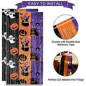 Foil Fringe Curtains Halloween Party Decorations, 2 Pack 3.3 x 6.6 FT Black Orange Purple Tinsel Fringe Curtain Halloween Decor Indoor Photo Backdrop Streamers for Halloween Birthday Party Decorations