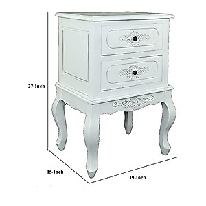 Benjara Mary 27 Inch Classic Wood Square Cabinet Table, 2 Drawers, Floral, White
