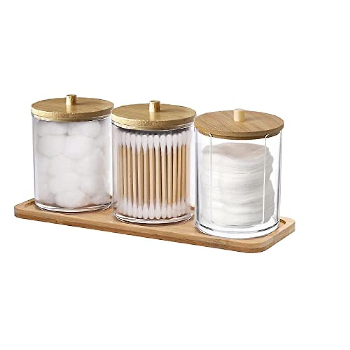 Qtip Holder Dispenser with Bamboo Lids and Vanity Tray - 10 oz Clear Plastic Apothecary Jar Containers for Vanity Makeup Organizer Storage - Bathroom Accessories Set for Cotton Swab, Ball, Pads, Floss