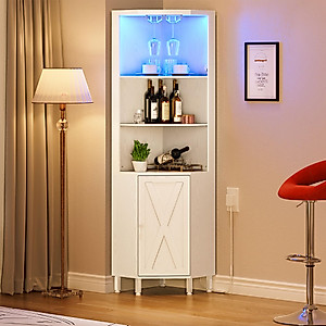 YITAHOME Corner Bar Cabinet with LED Lights & Glass Holder, 5 Tier Corner Shelf with Storage, Wine Rack Cabinet Display Shelves for Living Room, Dining Room, Kitchen, White
