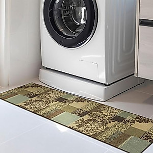 Machine Washable Damask Design Non-Slip Rubberback 3x10 Traditional Runner Rug for Hallway, Kitchen, Bedroom, Living Room, 2'7" x 9'10", Brown/Green