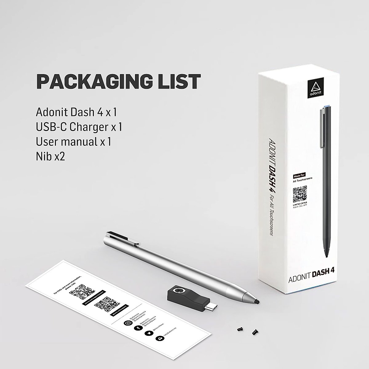 Adonit Dash 4, Multi-Device Stylus for iPad and Touchscreen, Duo Mode Active Digital Pencil with Palm Rejection, Compatible with iPad, iPhone, Android, and More- Graphite Black