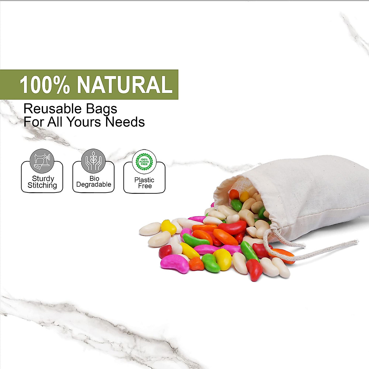 Reusable Eco friendly 10"x12" Cotton Thick Single Drawstring Muslin Bags "premium quality (Natural Color)-100 count pack