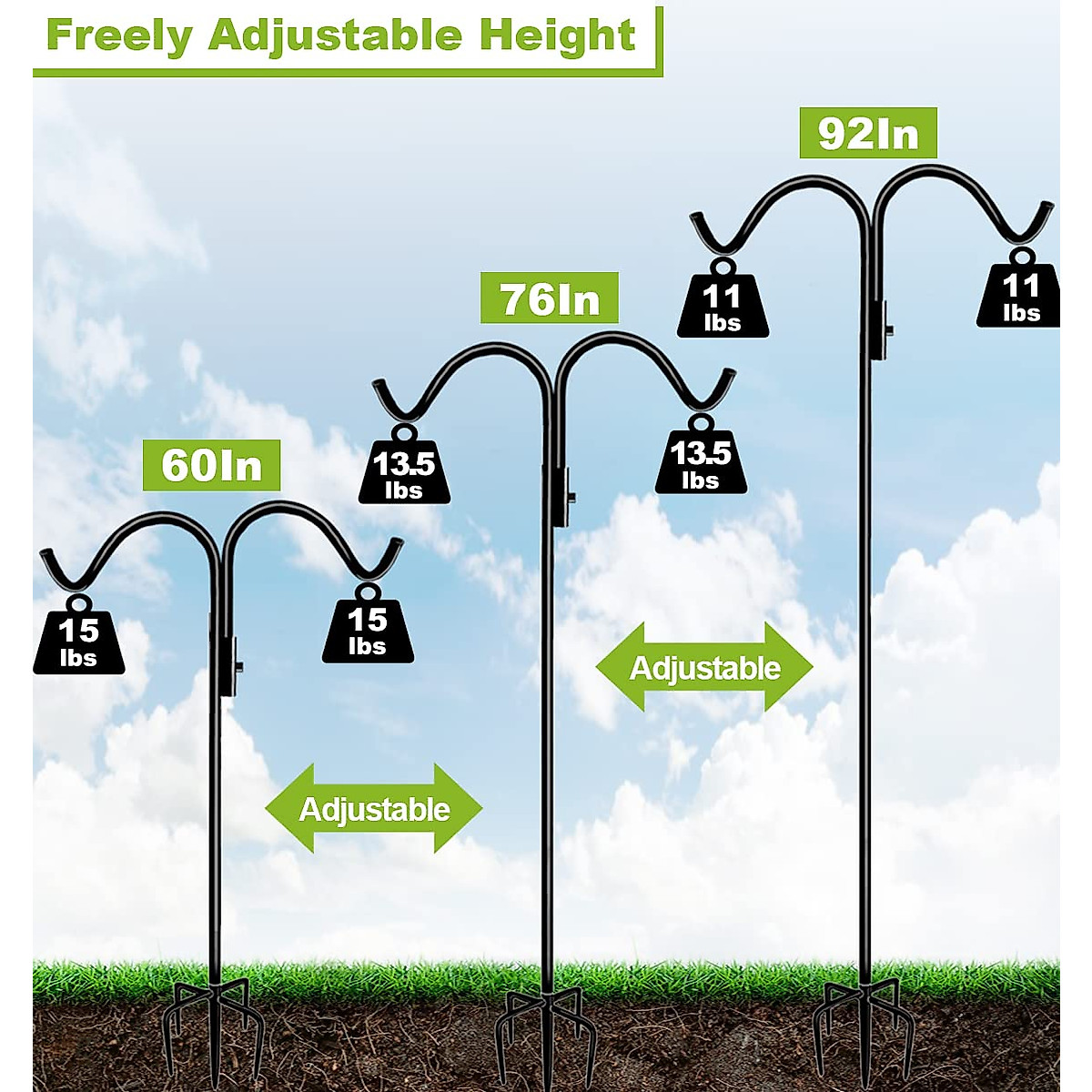 Tuohours 92 Inch Double Shepherd Hook Stand for Outdoor Birdfeeder, Adjustable Two Sided Garden Bird Feeder Pole Holder for Birdhouse Planter Solar Light Lantern, Black, 1 Pack