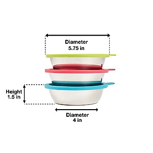 Messy Mutts 6-Piece Set | Three Stainless Steel Bowls and Three Colorful Silicone Lids | Sealable Travel Containers | Portable Food/Water Dishes for Pets | Medium, 1.5 Cups