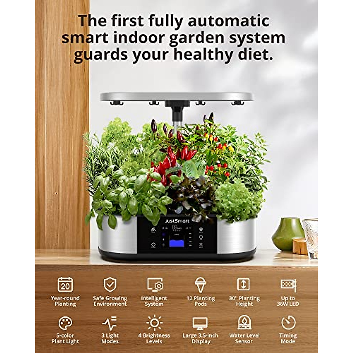 WiFi 12 Pods Hydroponics Growing System with APP Controlled, JustSmart Indoor Garden Up to 30" with 36W 120 LED Grow Light, Silent Pump System, Automatic Timer for Home Kitchen Gardening, GS1 Plus