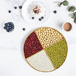 YIFANZHIBIAN Seagrass Storage Basket，Eco-friendly Wicker Basket with Lid，Woven Water Hyacinth Basket，Handmade and Natural Rattan Baskets with 4 Sections for Living Room（Round, Yellow Color）