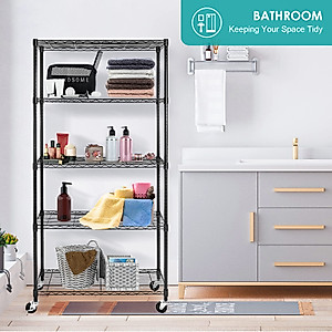 5 Tier Wire Shelving Rack with Wheels, 5 Tier Black Shelving Unit with NSF Certified, Adjustable Rolling Storage Metal Shelves, 18"D X 35.5"W X 71"H, 330Lbs Capacity, For Kitchen, Pantry, Garage