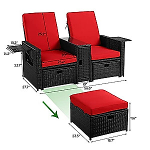 B BAIJIAWEI 5pcs Patio Wicker Loveseat - Outdoor Rattan Sofa Set with Cushion - Adjustable Lounge Chair with Ottoman Footrest, Wicker Furniture for Garden, Patio, Balcony, Beach, Coffee Bar, Deck