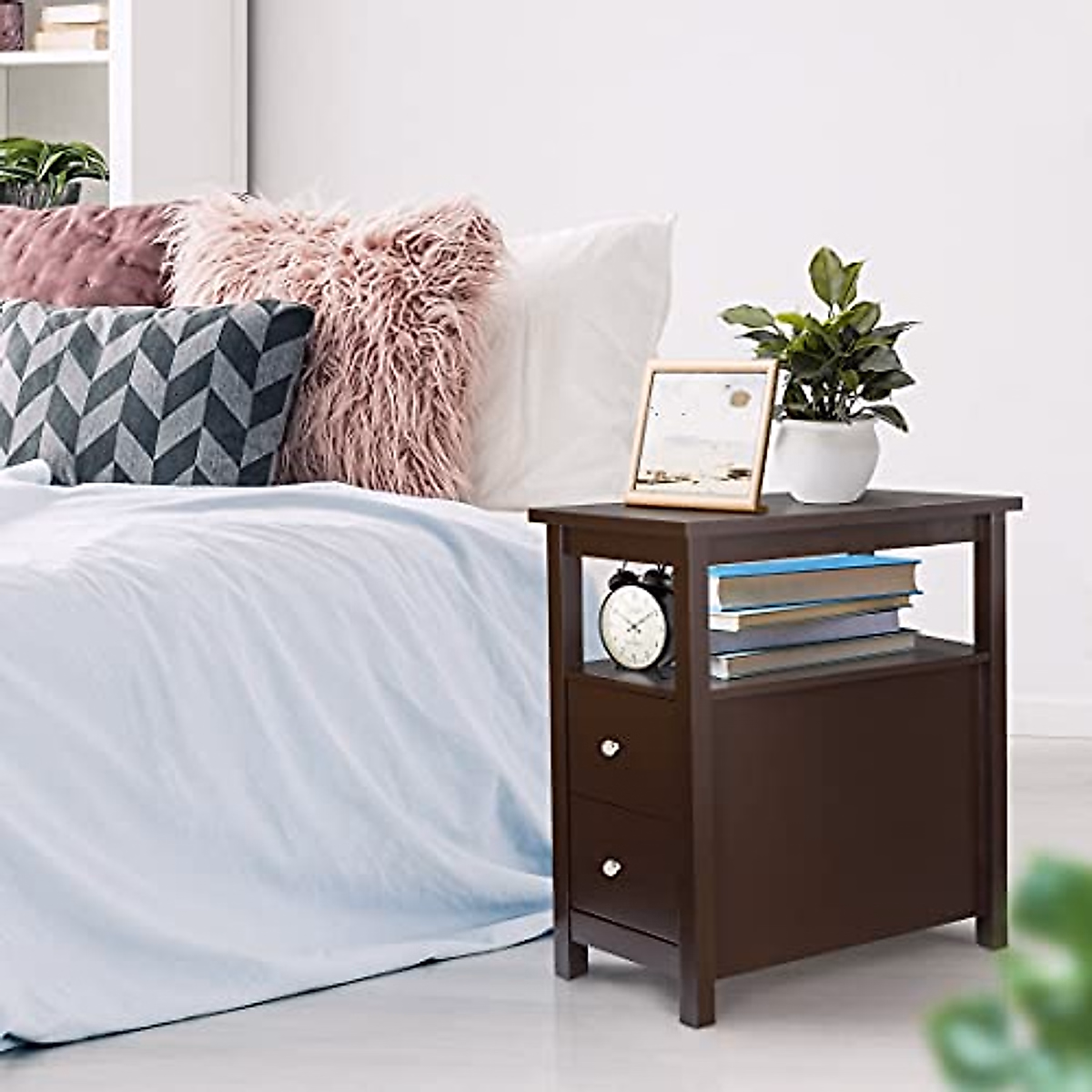SUPER DEAL 2 Drawer End Table with Storage Shelf, Narrow 3 Tier Sofa Side Table for Living Room Bedroom Office Small Spaces, 23.6 x 24 inch Espresso