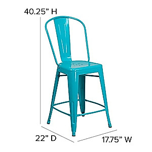 Flash Furniture Commercial Grade 24" High Crystal Teal-Blue Metal Indoor-Outdoor Counter Height Stool with Back