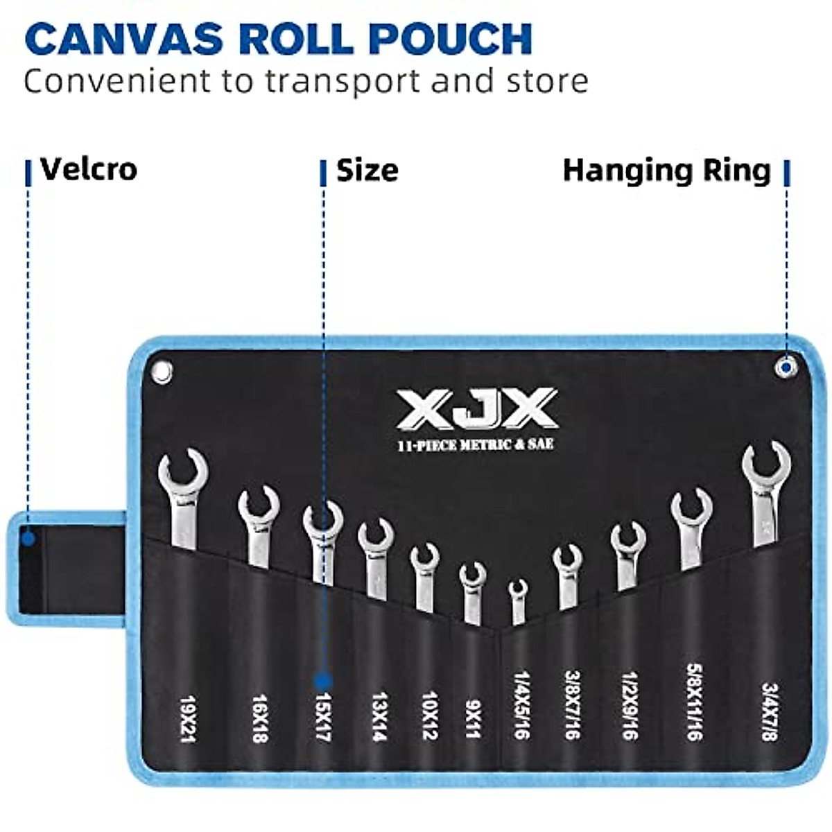 XJX Flare Nut Wrench Set | 11-Piece | SAE & Metric | 1/4"-7/8" and 9-21mm | CR-V Steel | Brake Line Wrenches Set with Rolling Pouch