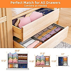 Sock Underwear Drawer Organizer Dividers 44 Cell, 4 Pack Underwear Drawer Organizers for Large Bras, Foldable Closet Organizers and Storage for Clothing, Socks, Underwear, Ties (Gray)