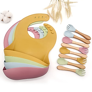 SmoreBaby 4pcs Baby Silicone Feeding Set Toddler Plates Bib Spoon Fork with Suction Utensils Toddlers Baby-Led Boys Girls Eating Supplies (Dust Blue, Dusty Blue